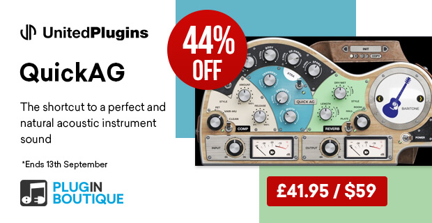 アコースティックギター、ウクレレ、マンドリン等のアコースティック楽器に最適化されたミキシングプラグイン United Plugins「Quick AG」が81%OFF、19ユーロに！！！